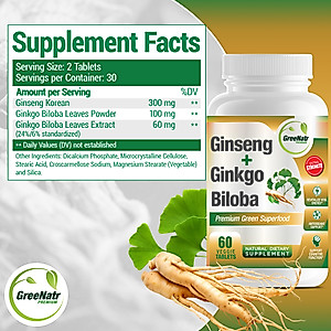 GreeNatr Ginko Biloba & Panax Ginseng Supplement - Red Ginseng Brain Supplement for Memory and Focus - Ginkgo Biloba Supplements for Good Vision, Immune System and Improved Blood Flow - 3 Bottles
