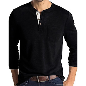 Fashion Mens Henley Shirts Classic Long Sleeve Basic Button Cotton T-Shirt with Pocket Black