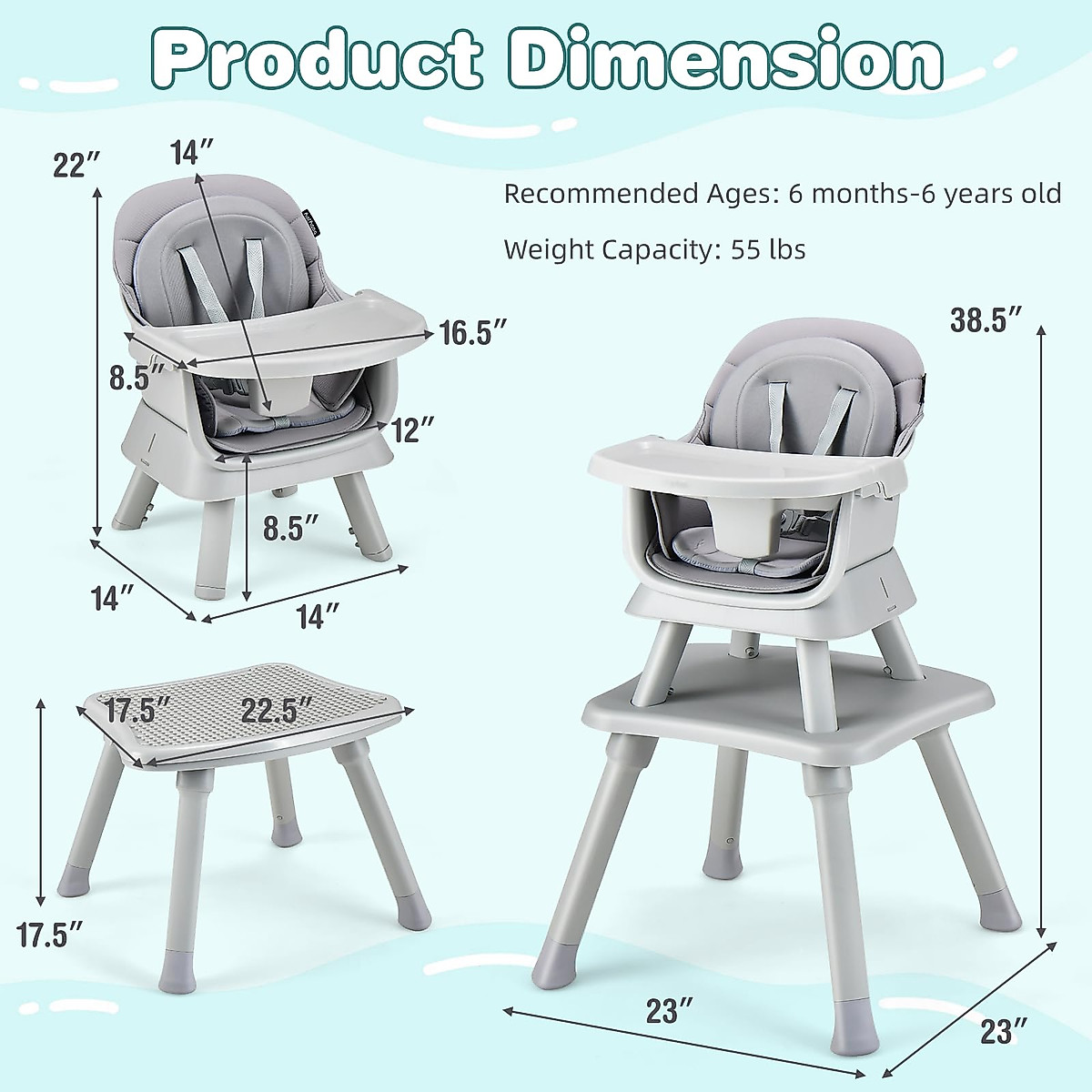 HONEY JOY 8 in 1 Baby High Chair, Convertible Highchair for Babies and Toddlers/Table and Chair Set/Building Block Table/Booster Seat/Stool/Toddler Chair with Safety Harness (Gray)