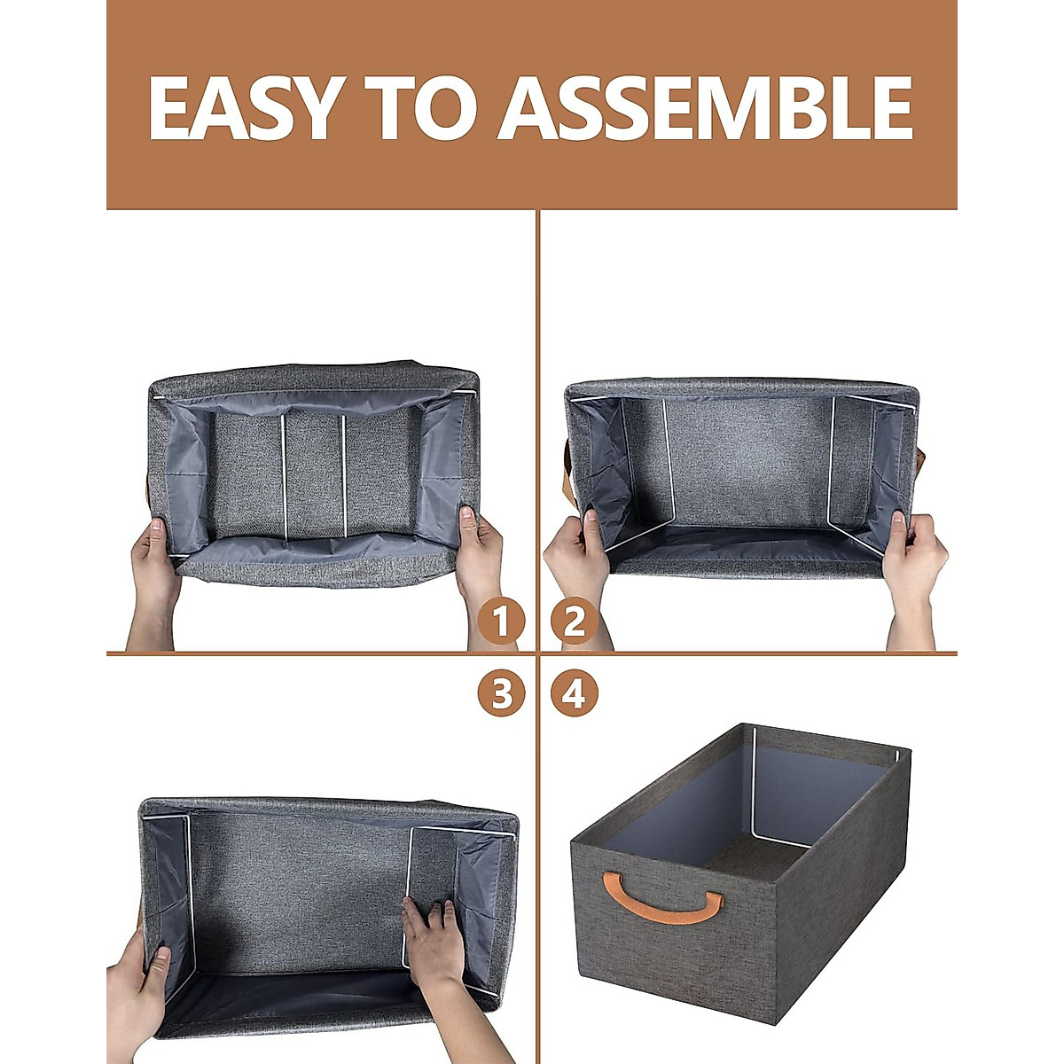 organizer box metal frame storage bins, rectangle storage baskets for closet.collapsible fabric storage baskets with handles.Stackable wardrobe storage boxes for clothes toys,grey-3 Pcs