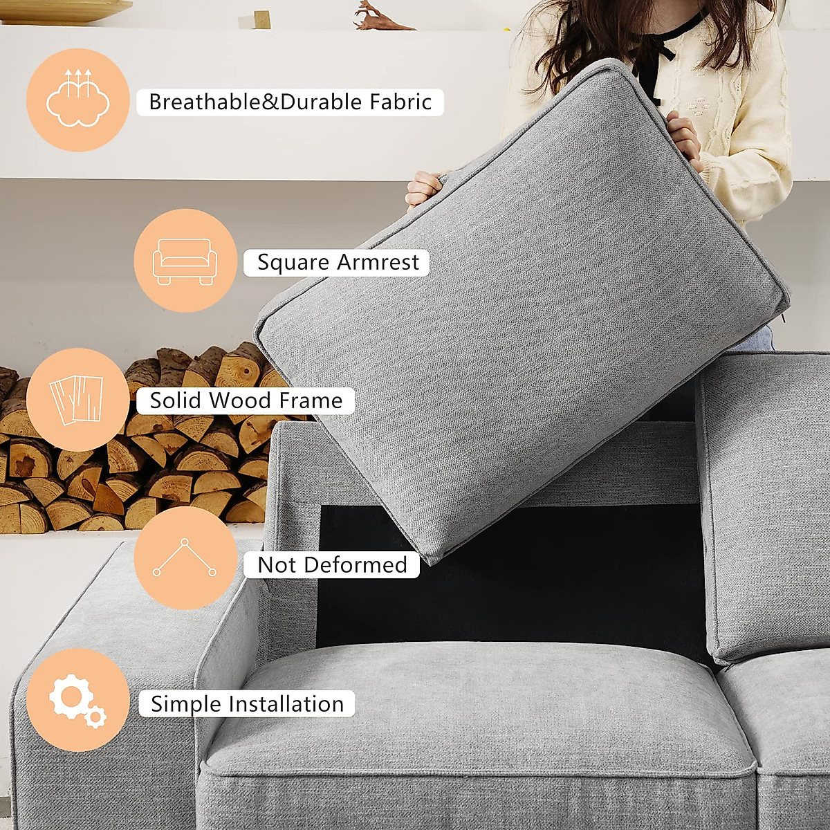 LEISLAND 88.58" Modern Sofas Couches for Living Room, Chenille Sofas & couches with Square Armrest, Removable Low-Back Sofa Cushion and Detachable Sofa Cover/Easy to Install(Light Grey)