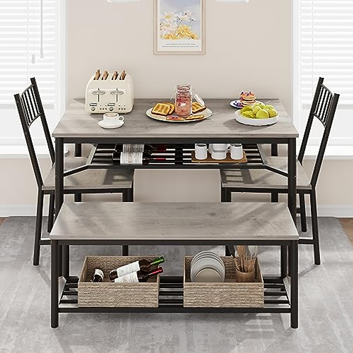 IDEALHOUSE Dining Table Set for 4, Kitchen Table and 2 Chairs with Storage Bench, 47.2" Rectangular Kitchen Table Set with Wine Rack, Dining Room Table Set for Small Space, Apartment, Rustic Gray