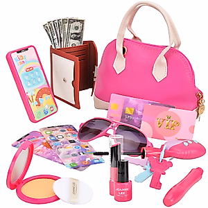 21Piece Girls Pretend Play Set ,My First Purse Toy with Handbag, Makeup Set, Sunglasses, Smartphone, Wallet, Car Keys, Credit Card Playset for Kids Gifts