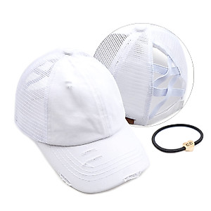 C.C Exclusives Washed Distressed Cotton Denim Criss-Cross Ponytail Hat Baseball Cap Bundle Hair Tie (BT-780)(BT-791) (A Elastic Band-White)