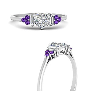 JewelryGift Baguette Cluster Engagement Ring Sterling Silver Natural Amethyst Heart Shape Purple Color Side Stone Engagement Rings Prong Setting in Size 6 Handcraft Chakra Healing