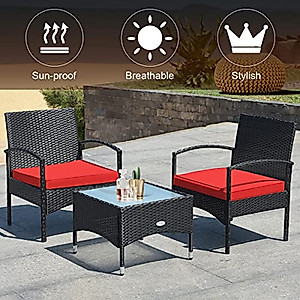 Tangkula 3 Pieces Patio Wicker Rattan Furniture Set, Rattan Chair with Coffee Table, High Load Bearing Chair Conversation Sets for Patio Garden Lawn Backyard Pool