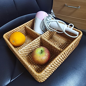 i-lan 4-compartment Squre Woven Natural Wicker Storage Basket Box without Lid, 4 Divided Rattan Basket Organizer for Countertops,Shelf,Snacks,Candy,Nuts and Other Accessories.