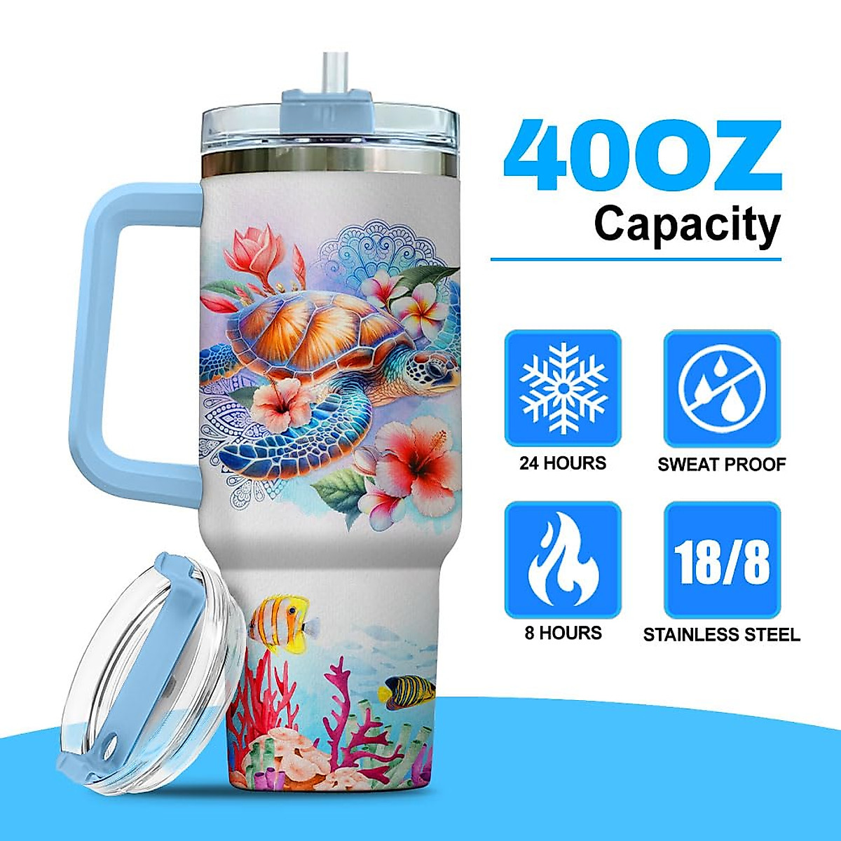 99OWL Tumbler 40 Oz With Handle Lid And Straw, Sea Turtle Hibiscus Floral Wisdom, Sea Turtle Gifts, Summer Light Insulated For Flower Beach Blue Tumblers Royal Myrtle Women