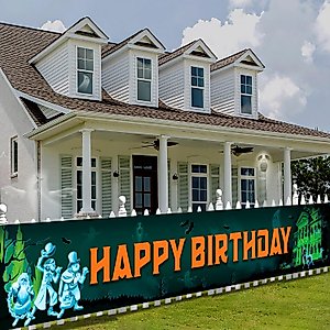 Haunted House Decorations Garden Banner, Large 9.8 * 1.6ft Haunted House Decor, Hitchhiking Ghosts Photography Background Fence Decorations for Birthday, Halloween Party