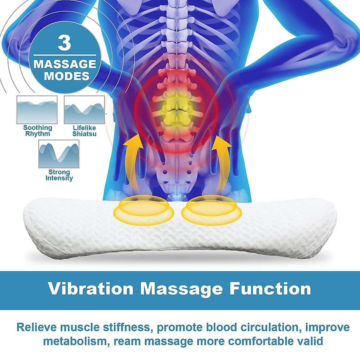 Lumbar Support Pillow with Massage and Heat, Back Support Cushion for Sleeping, Massager Pillow for Bed with Heating, Ergonomic Memory Foam Pillow for Lower Back Pain, Vibration Pad for Office Chair