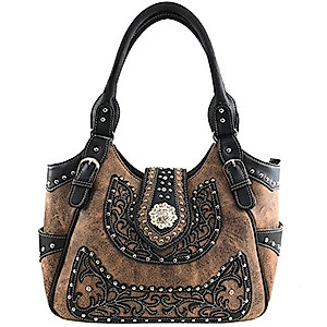 Zelris Western Albino Western Floral Buckle Conceal Carry Women Tote Purse Handbag with Crossbody Wallet Set (Brown)