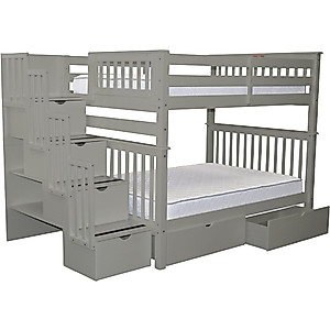Bedz King Bunk Beds Full over Full with 4 Drawers in the Steps and 2 Under Bed Drawers, Gray