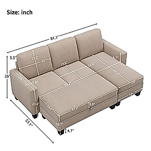 ERYE L-Shaped 3-Seaters Corner Sectional Sofa with Pull Out Sleeper Couch Bed and Reversible Storage Chaise for Home Office Apartment Living Room Furniture Sets Sofabed, Warm Grey