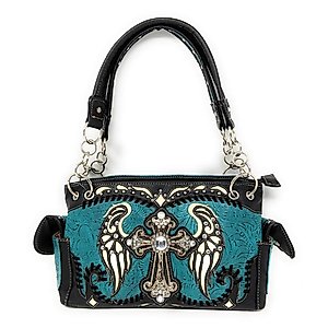 Western Tooled Leather/Laser Cut Bling Rhinestone Cross Wings Handbag Purse and Wallets in 5 Colors (Black Red Handbag)
