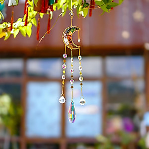 Chakra Tree of Life Crystal Suncatcher for Windows,Rainbow Maker Half Moon Sun Catcher with Crystal Prisms Hanging Crystals for Garden Home Decoration