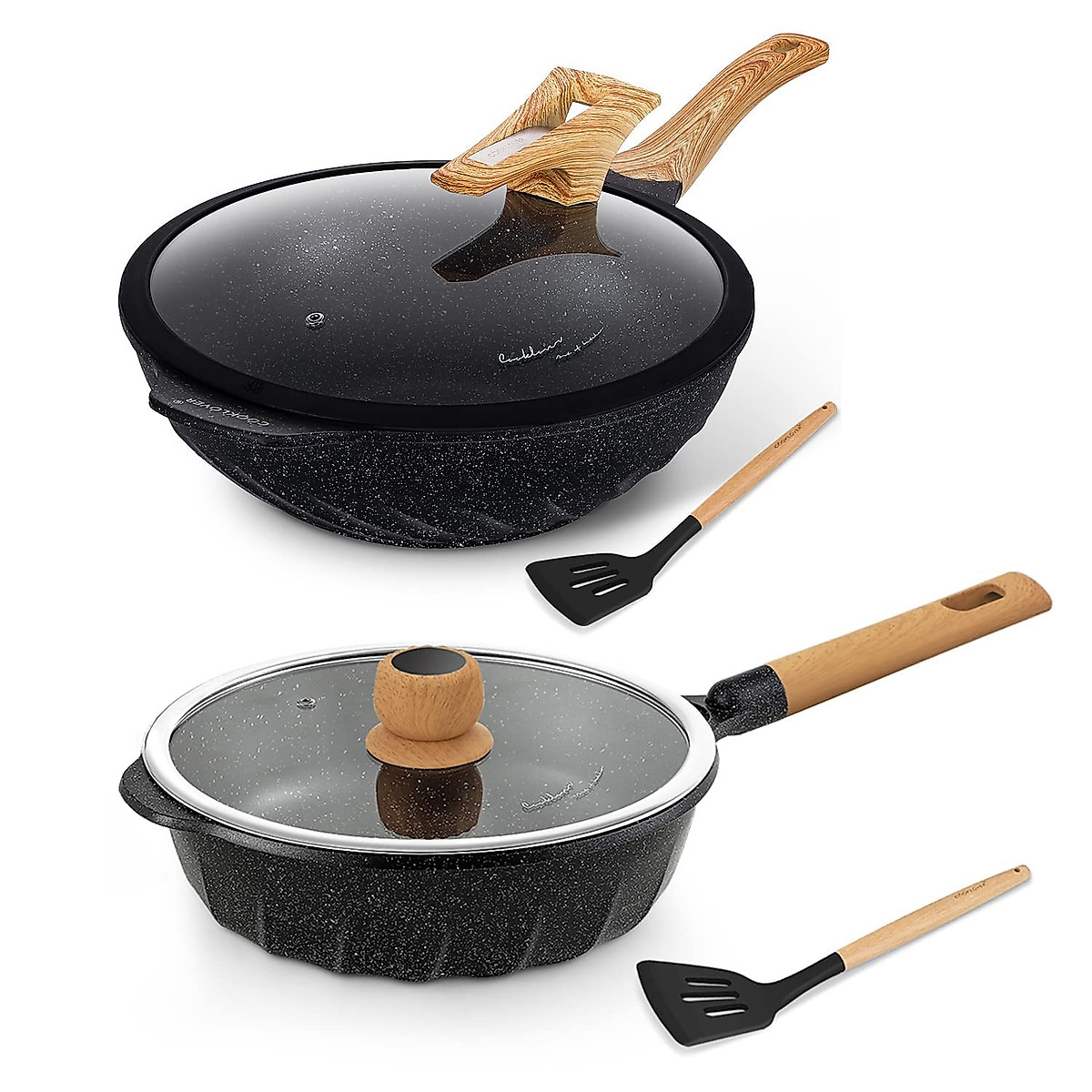 COOKLOVER Nonstick Induction Wok-12.6inch-Black & 11 inch Nonstick Stir Fry Pan with Lid – Black