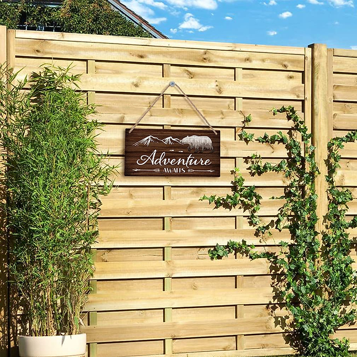 FWIEXA Adventure Awaits Inspirational Quote Sign Hanging, Rustic Wooden Plaque Wall Hanger, Mountain Bear Arrow Decorative Door Sign for Home Garden Store Porch Decor (11''x6'')