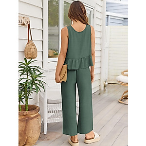 AUTOMET Womens Summer 2 Piece Outfits Linen Crop Tank Tops Lounge Matching Sets & Long Track Pants Tracksuits 2025 Blue Grey S