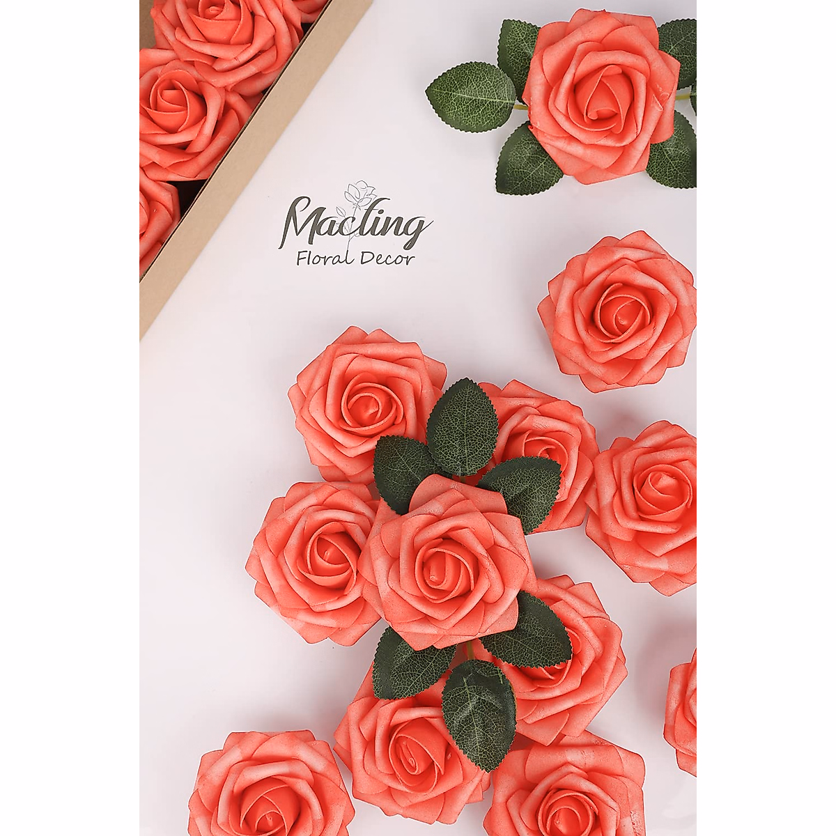 MACTING 30PCS Artificial Rose Flowers Real Touch Coral Red Flowers with Stem Fake Roses for DIY Wedding Bouquet Table Centerpieces Party Holiday Baby Shower Home Spring Decorations