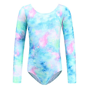 Gymnastics Leotards for Girls Long Sleeve Dance Leotards Shiny Sparkle Rainbow Mermaid Leopard Star Sky Print Leotard Unitards Athletic Dancewear Kids Toddler Ballerina Costume Blue Sky 8-9 Years
