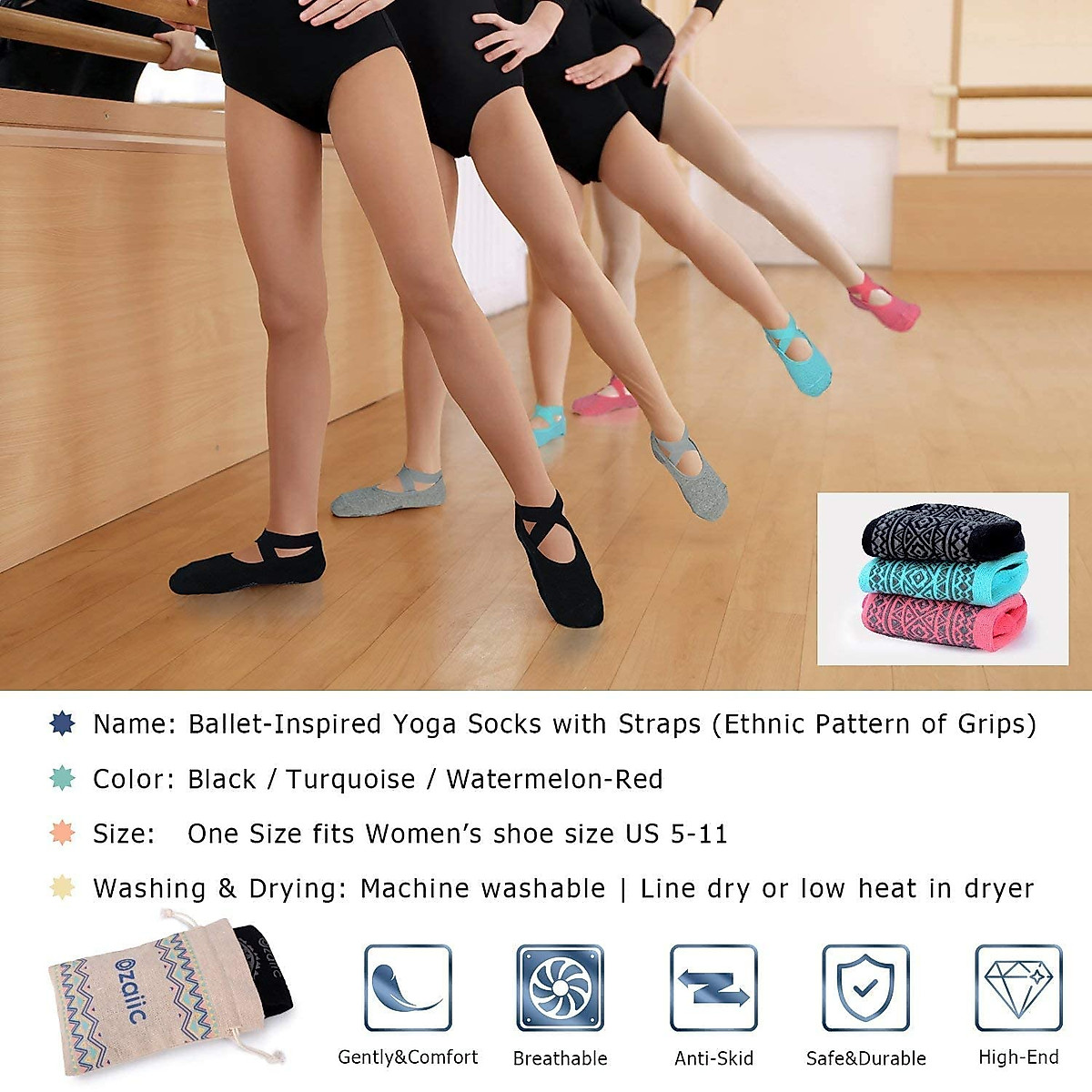Ozaiic Yoga Socks for Women&Men Non-Slip Grips & Straps, Ideal for Pilates, Pure Barre, Ballet, Dance, Barefoot Workout, fitness Slipper Hospital Socks with Grips