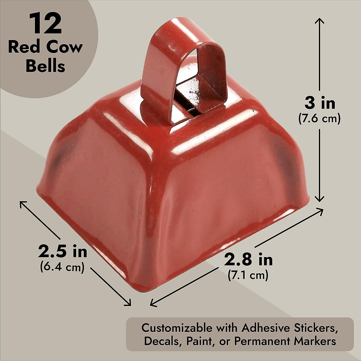 Set of 12 3-inch Cowbells with Handle, Hand Percussion Cow Bells Noise Makers for Sporting Events, Football Games (Red)