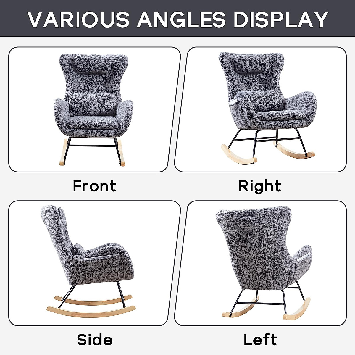 NIOIIKIT Nursery Rocking Chair, Teddy Upholstered Glider Rocker with Headrest and Lumbar Pillow, High Backrest Rocking Accent Chair with Side Pocket, Comfy Armchair for Living Room (Grey)