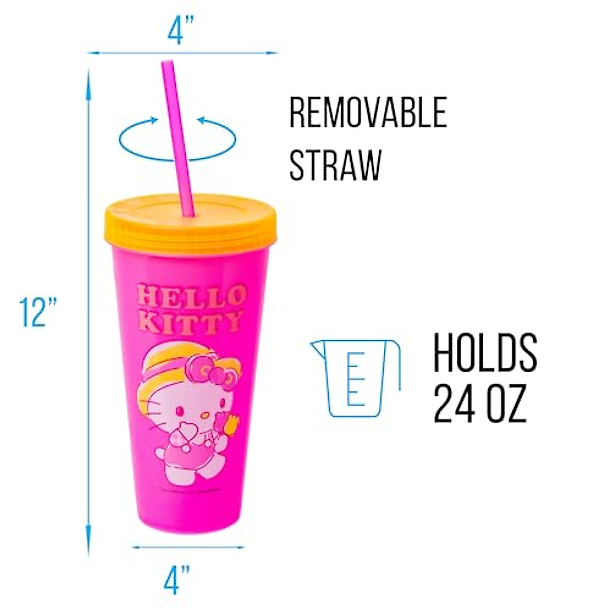 Silver Buffalo Sanrio Hello Kitty Summertime Gardening 4-Pack Color Changing Plastic Tumblers Includes Lid and Straw, 24 Ounces