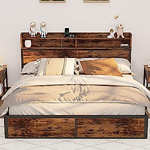 IRONCK Full Size Bed Frame with Bookcase Headboard with Charging Station, Mattress Foundation/No Box Spring Needed, Non-Slip Without Noise, Vintage Brown