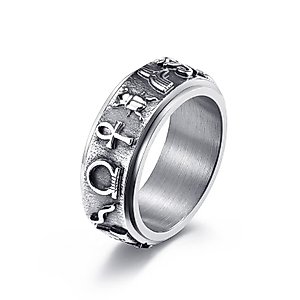 8mm Vintage Egyptian Spinner Rings with Symbol Totem Retro Stainless Steel Gothic Punk Personalized Rapper Biker Animal Pattern Spins Ring Jewelry for Mens Women Boys Teens