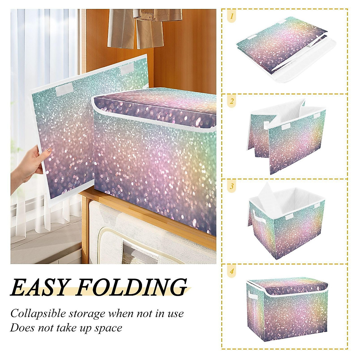 Ollabaky Green Pink Purple Blue Glitter Larger Collapsible Storage Bin Fabric Decorative Storage Box Cube Organizer Container Baskets with Lid Handles for Closet Organization, Shelves