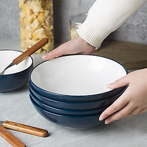 GBHOME 8.75'' Large Pasta Bowls Set of 4, 42oz Stoneware Deep Salad Pasta Bowls for Kitchen, Chip-resistant Bowls Set for Salad Pasta Meal, Microwave and Dishwasher Safe, White-Cobalt