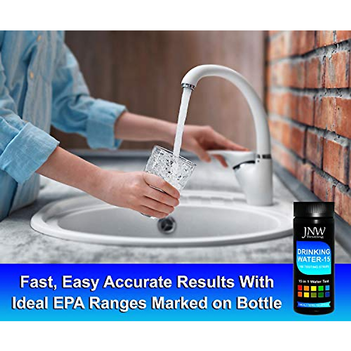 Drinking Water Test Kit - 15-in-1 Chlorine Drinking Water Test Strips with eBook - Lead Testing Kits for Drinking Water - Test Iron, Bromine, pH, Hardness, and More - 100 Tests - JNW Direct