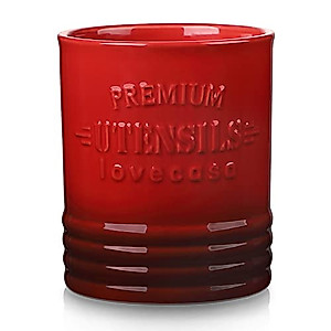 Vintage Utensil Holder for Kitchen Countertop, LOVECASA 7.2” Large Ceramic Utensil Crock for Home Décor, Farmhouse Utensil Vase for Housewarming, Wedding, Birthday Gift - Gradient Red