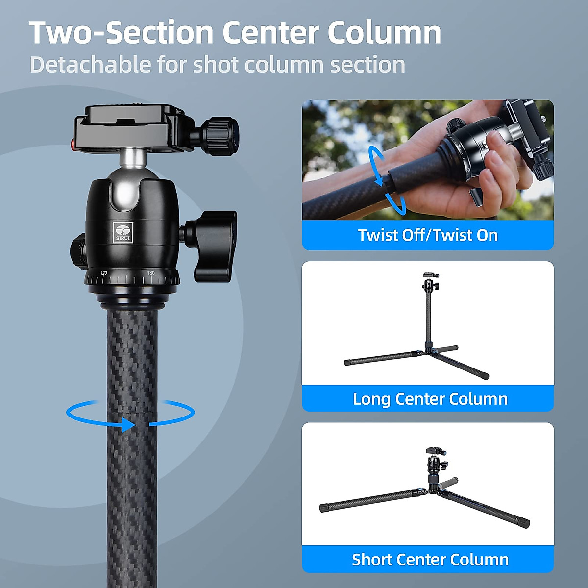 SIRUI Carbon Fiber Tripod with B-00K Panoramic Ball Head, 59.8” Compact Lightweight Travel Tripod AT-125, Quick Release Reverse Folding Legs, Reversible Center Column, Max Load 22lbs - Traveler X-I