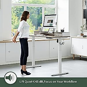 FEZIBO Electric Standing Desk with Glass Top Monitor Stand,55 x 26 Inch Adjustable Sit Stand Up Table with Double Drawer, Sit Stand Desk with Storage Shelf, White Frame/Light Walnut Top