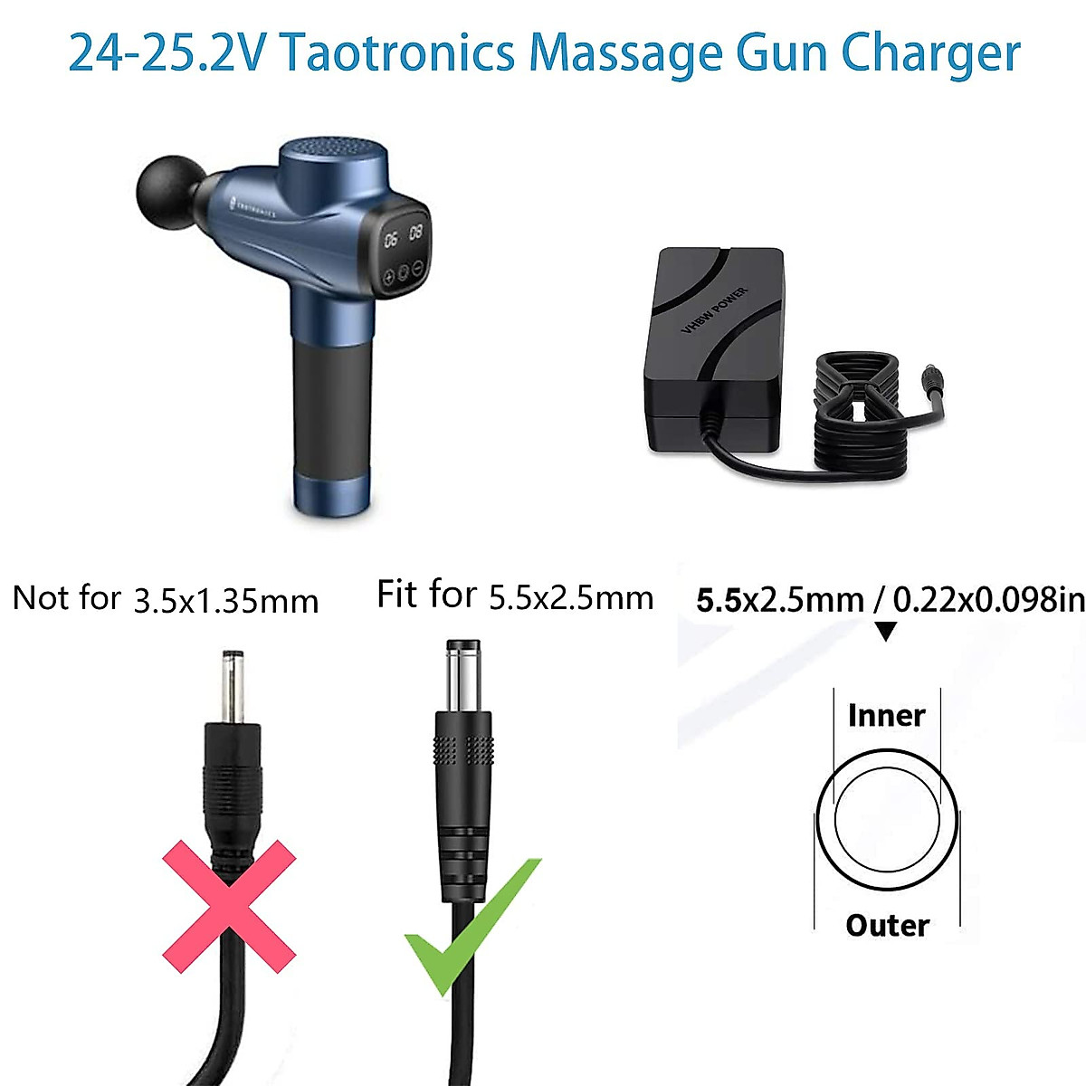 24-25.2V Massage Gun Charger for TaoTronics TT-PCA003,TOLOCO EM26 T11 Pro, Opove M3 Pro, Opove G3 Pro, Hyperice Hypervolt Muscle Power Cord