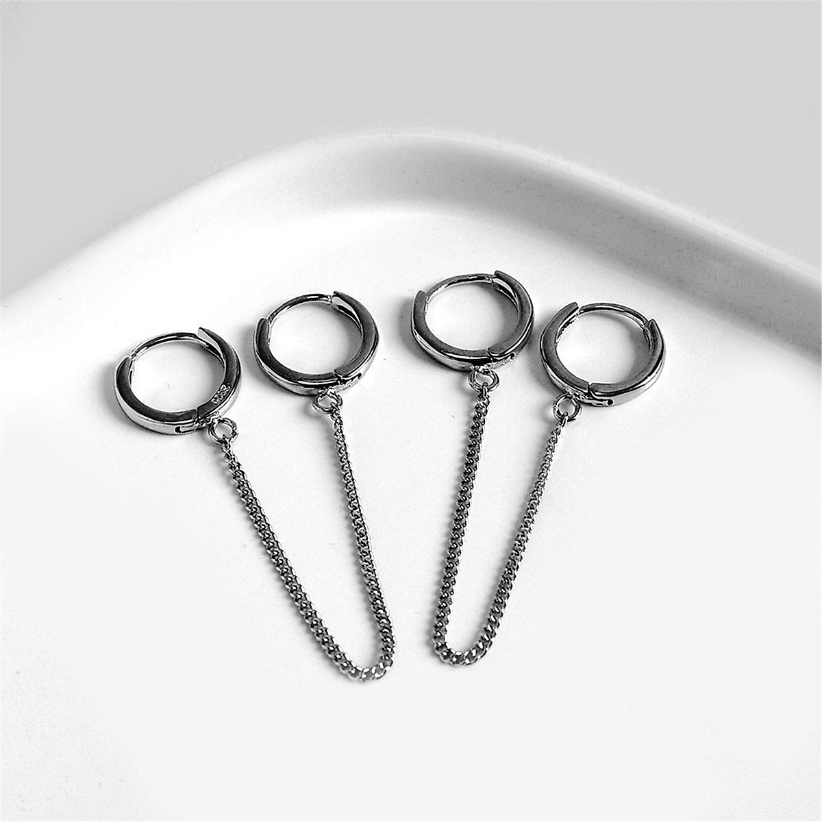 Unique Small Silver Chain Handcuff Hoop Earrings Double Piercing Dangle Drop Cartilage Earrings Chic Chain Huggie Hoop Earrings for Men Women Statement Jewelry Gifts (Black)