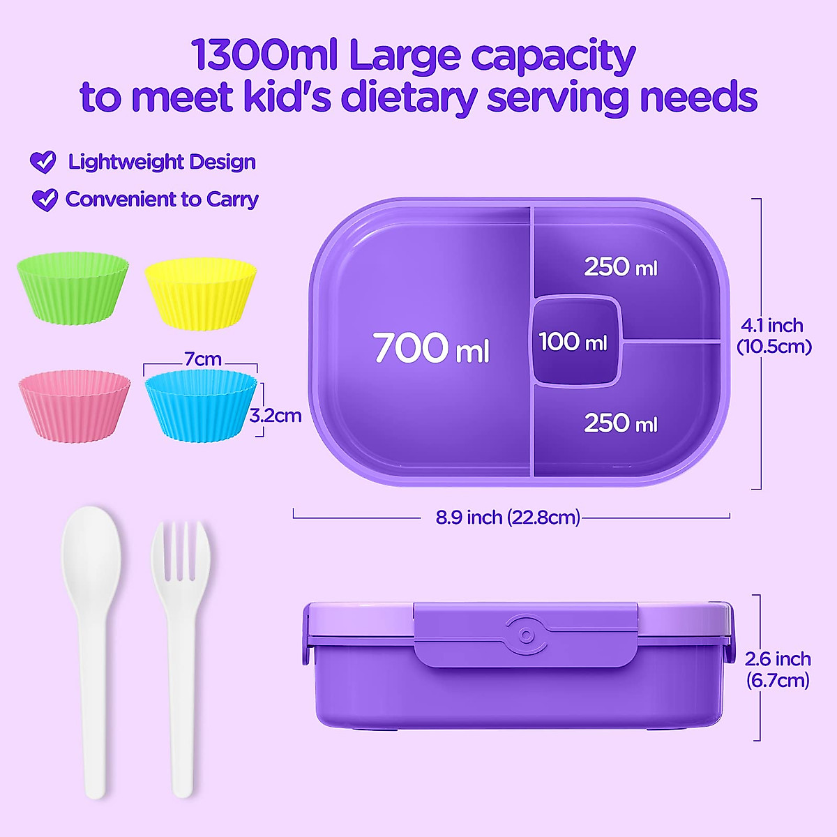Jelife Lunch Box Kids Bento Box - 1300ml Large Bento-Style Bento Box Adults Lunch Box, Ideal Leak Proof Bento Lunch Box for Kids School, BPA Free Lunchbox Containers for Teens Toddlers, Purple