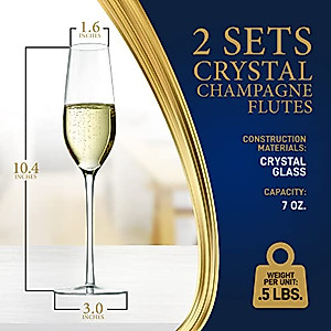 NutriChef 7oz Crystal Champagne Flutes - Set of 2 Elegant Tall Long Stem Clear Stemmed Glass Drinkware w/Narrow Rims, Seamless Bowl, Lead-Free, Dishwasher Safe Sparkling Wine Stemware