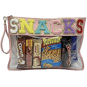 TopTTanBo Chenille Letter Clear Bag Purse Multi-purpose Transparent Waterproof Snacks Makeup Tote Bag with Wrist Strap (SNACKS)