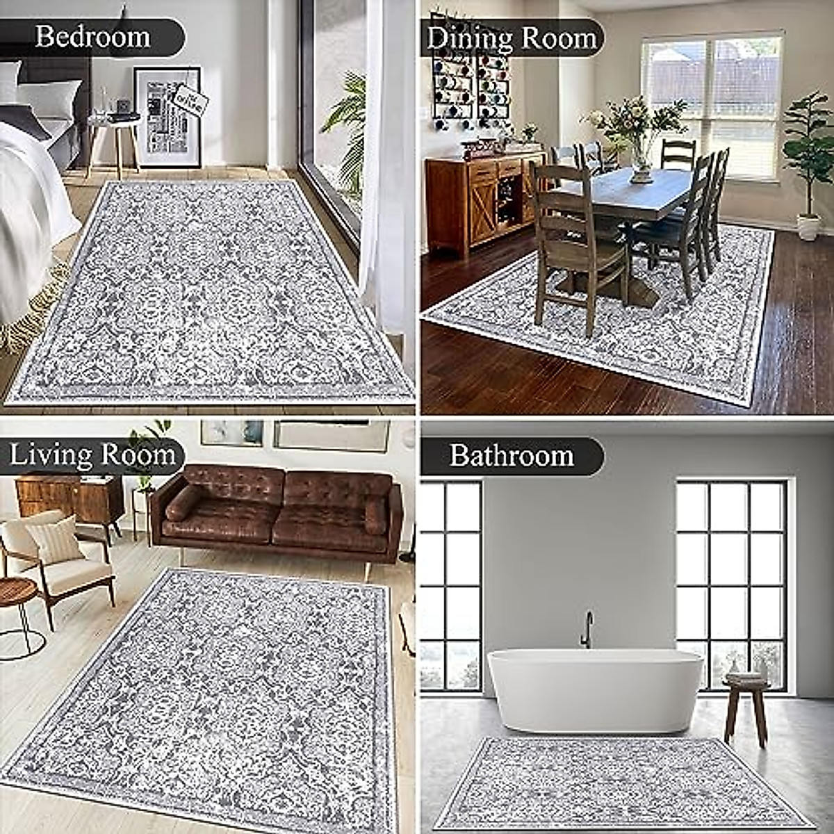 Vaukki Living Room Rug, Vintage Shaggy Soft Laundry Rug, Non Slip Kitchen Area Mat, Washable Farmhouse Bedroom Area Carpet for Bathroom, Kitchen and Kidsroom(4'x6', Grey)