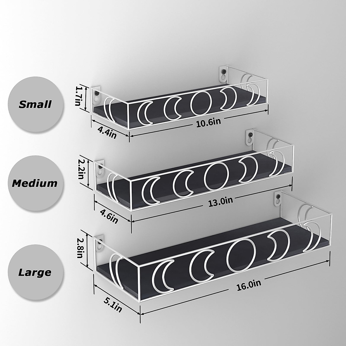 PHAREGE Moon Phase Floating Shelves Black Silver, Set of 3 Small Decorative Wall Shelves for Book Plant Storage, Crystal Figurine Collectibles Display Shelf for Bedroom Kid Room