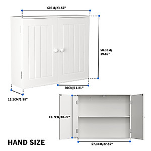 Qimu Bathroom Wall Cabinet White Wall Mounted Bathroom Storage Cabinet, Wooden Medicine Cabinet with 2 Doors Hanging Cabinet, Floor Standing Storage Cupboard with Adjustable Shelf, 23.6 x 6 x 20 inch