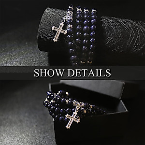 KS-WORKSHOP 108 Beads 6MM Wrap Bracelet for Women Handmade Stretch Long Chain Quality Stone Black Blue Sandstone Beaded Girls Charm Christ Pendant Semi-Precious Perfect Valentine's Gift Birthday