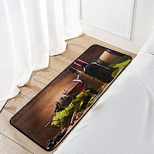 Glasses of Red and White Wine Kitchen Rugs Grapes Wooden Bath Rug Runner Comfort Mat Non-Slip Doormats Carpet for Bathroom Indoor 39" X 20"