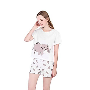Sets Elephant Pajamas Women Summer Cotton Short Sleeve Tops Shorts PJS Pyjamas Sleepwear Nightwear Teen Girl (White, Medium)