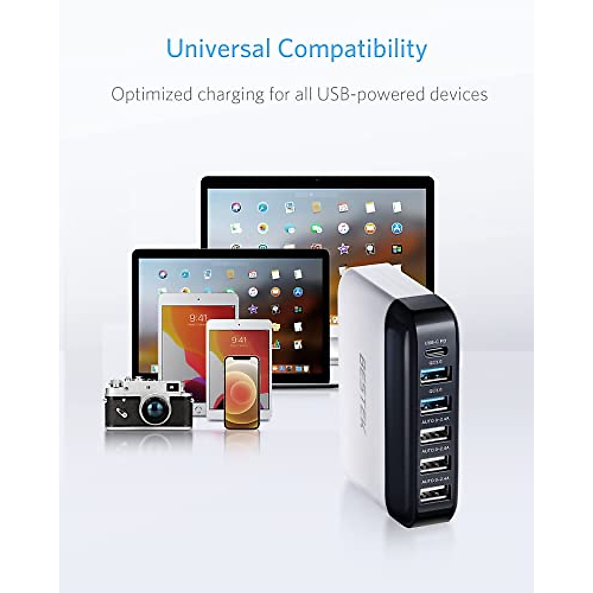 BESTEK Multi Ports USB Car Charger, Fast Charge 86W 9A Quick Charge 3.0 & USB-C PD Car Charger Adapter with Smart Identification for Cell Phones, Tablets and Other USB Devices