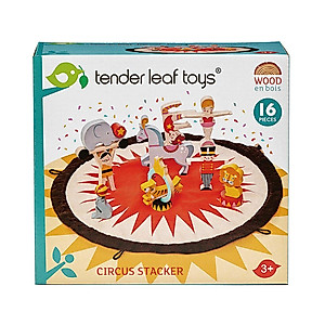 Tender Leaf Toys - Circus Stacker - 14 Pieces Wooden Stacking and Balancing Toy with Circus Troupe and Beautiful Circular Printed Bag - Early Learning and Fine Motor Skills for Children 3+