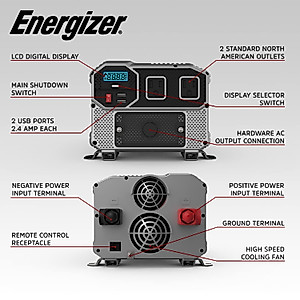 Energizer 4000 Watts Power Inverter Modified Sine Wave Car Inverter, 12V to 110 Volts, Two AC Outlets, Two USB Ports (2.4 Amp), Hardwire Kit, Battery Cables Included – ETL Approved Under UL STD 458